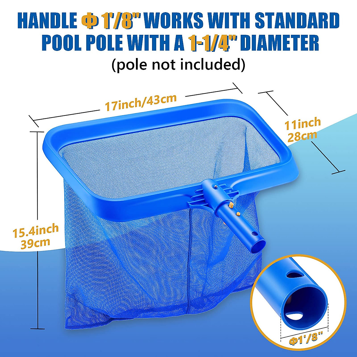 SORSWEET Pool Rake, Heavy Duty 17" Leaf Skimmer Net, Including EZ-Clip, Deep Bag Catcher, Pool Net for Cleaning Pool, Fits Standard 1-1/4" Pole, Pole Not Included
