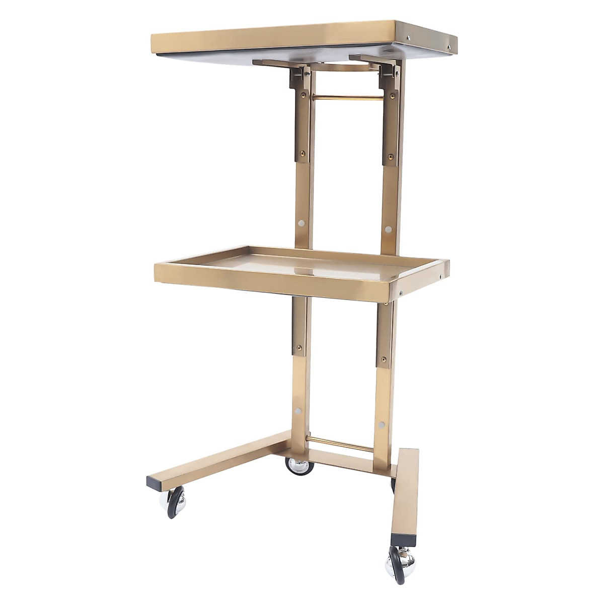 Xuthusman 2-Tier Foldable Tray Trolley Salon 4-Wheel Rolling Cart Utility Storage Shelves Holder with Service Tray Stainless Steel (Gold)