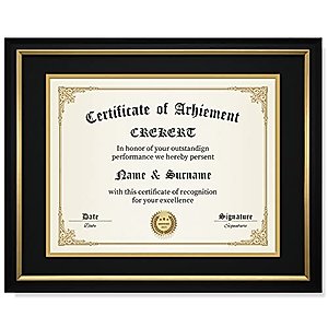 CREKERT Diploma Frame 11x14 Picture Frame Solid Wood Shatter-Resistant Glass for Documents Certificate Blackgold Frame 8.5x11 with Mat (Black Mat, 1 Pack)