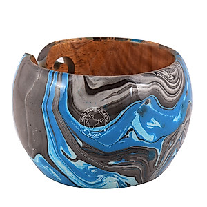 Hind Handicrafts Premium Solid Dark Handmade Crafted Wooden Portable - Antique Yarn Storage Bowl - Holder for Knitting Crochet Hook Accessories (6" x 6" x 4", Blue Waves)