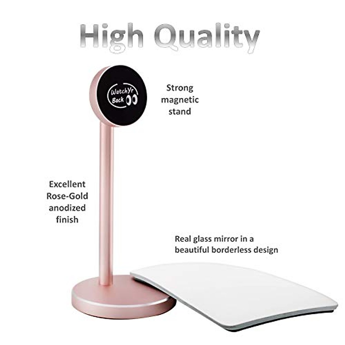 Desk and Cubicle Mirror to see behind you, ROSE-GOLD Stand with detachable Wide Angle real glass Mirror, SMALL & DISCRETE, beautiful design, perfect curvature for an exceptionally clear view