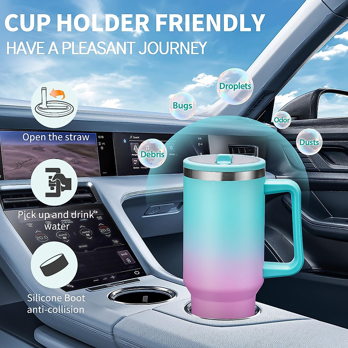 BENZZO 40 OZ Tumbler with Lid and Straw - Leak Proof Travel Cup for Cold-34h & Hot-10h Metal Vacuum 40oz Insulated Tumblers Fits in Car Cupholder,Travel Coffee Mug for Home Work Sports