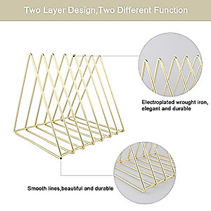Urban Deco Triangle Desk Organizers Metal Wire Magazine Holder 7 Sections Decorative File Folder Organizer Vinyl Record Storage Office For Desk - Gold Magazine File Holder - Pack of 2