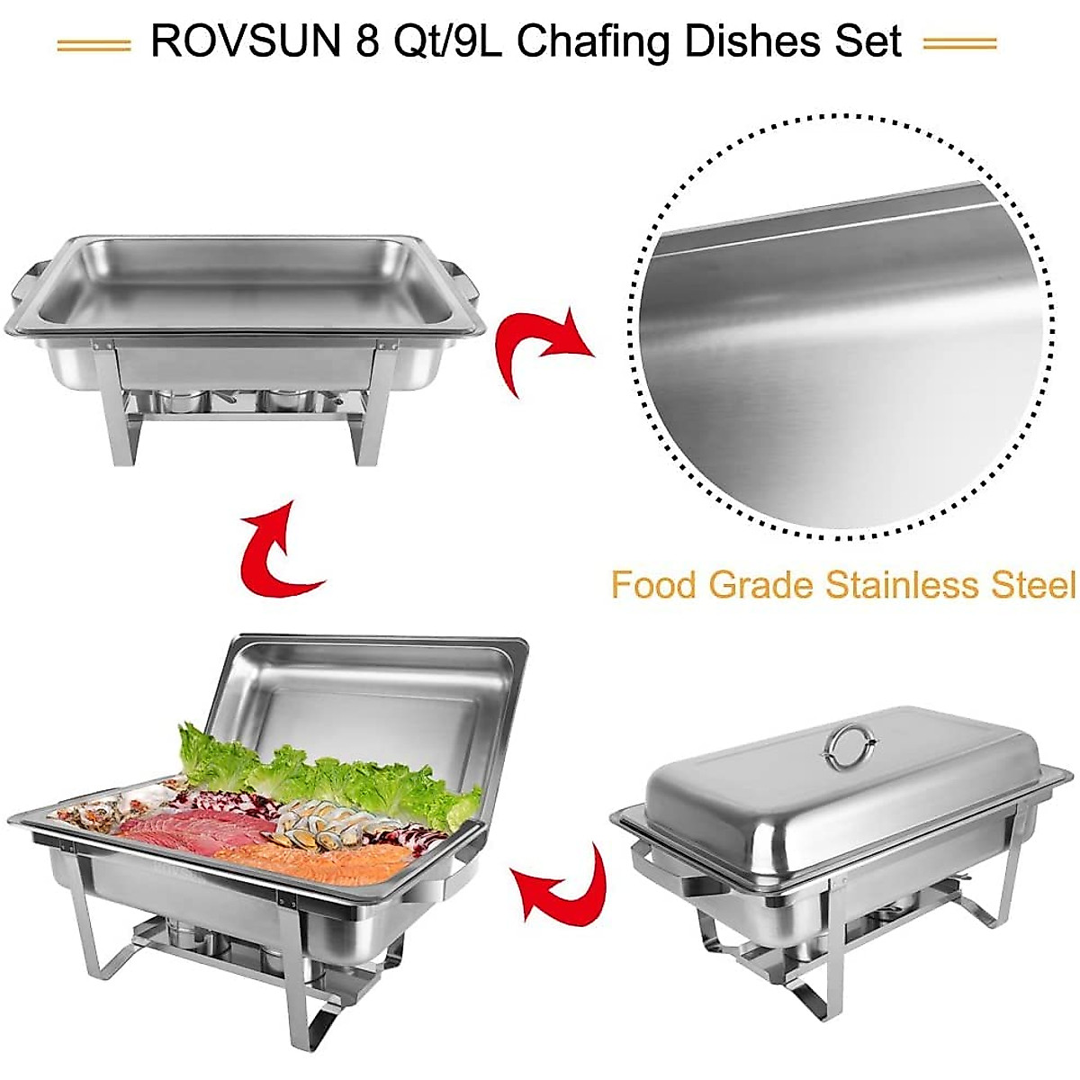 ROVSUN Chafing Dish Buffet Set,2 Round + 2 Rectangular Stainless Steel Chaffing Dishes Silver,Catering Warmer Set Food Warmer with Thick Stand Frame,Food Pans for Dinner Parties Buffets