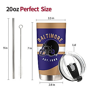 Custom Baltimore Tumbler 20oz Stainless Steel with Lid & Straw Personalized Football Fans Gifts for Women Men Coffee Travel Insulated Mug Cup Add Name Number