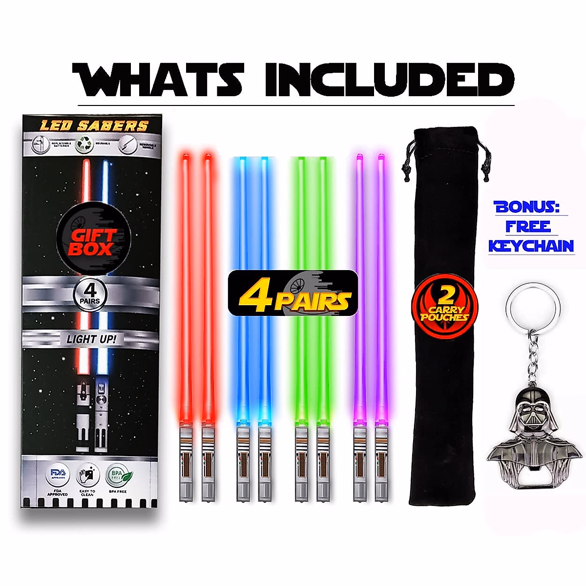 Lightsaber Chopsticks Light Up Star Wars LED Reusable Red Blue Green Purple 4 PAIRS FREE Darth Vader Keychain Bottle Opener