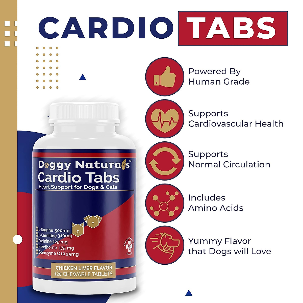 Cardio Tabs Heart Support Supplement for Dogs - Aids Cardio Support and Cardio Strength Supplement for Dog, L-Taurine, L-Carnitine, Hawthorn, L Arginine, Coenzyme Q10 - Made in USA - 120 Tablet