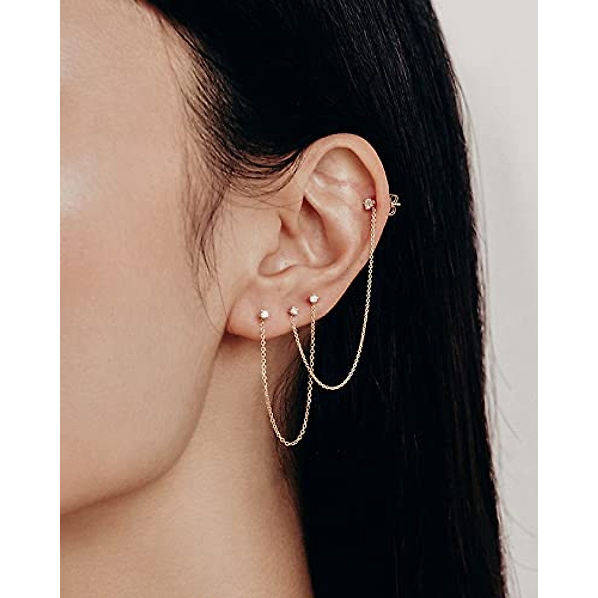 BRAYEG Gold Chain Earrings Double Piercing 3mm Cubic Zirconia 7cm Long Chain Double Stud Earrings Hypoallergenic Jewelry Gift for Women