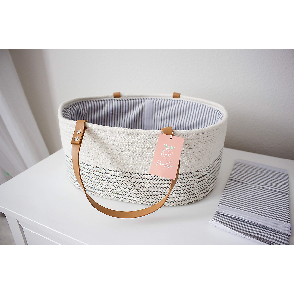 PeachyKehn Rope Baby Diaper Caddy Organizer – Trendy Nursery Storage Bin – Large Woven Cotton Tote with Removable Inserts and Eco Leather Handles – Baby Car Organizer or Shower Gift Basket