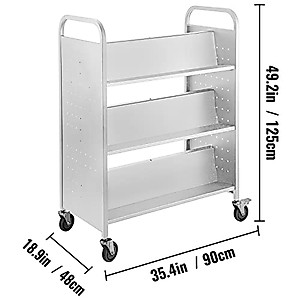 VEVOR Book Cart, 200lbs Library Cart, 35x19x49 Inch Rolling Book Cart Double Sided W-Shaped Sloped Shelves with 4-Inch Lockable Wheels, for Home Shelves Office and School Book Truck in White