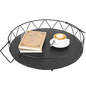 MyGift Metal Wire Decorative Serving Tray with Handles, Round Coffee Table Tray for Decorations