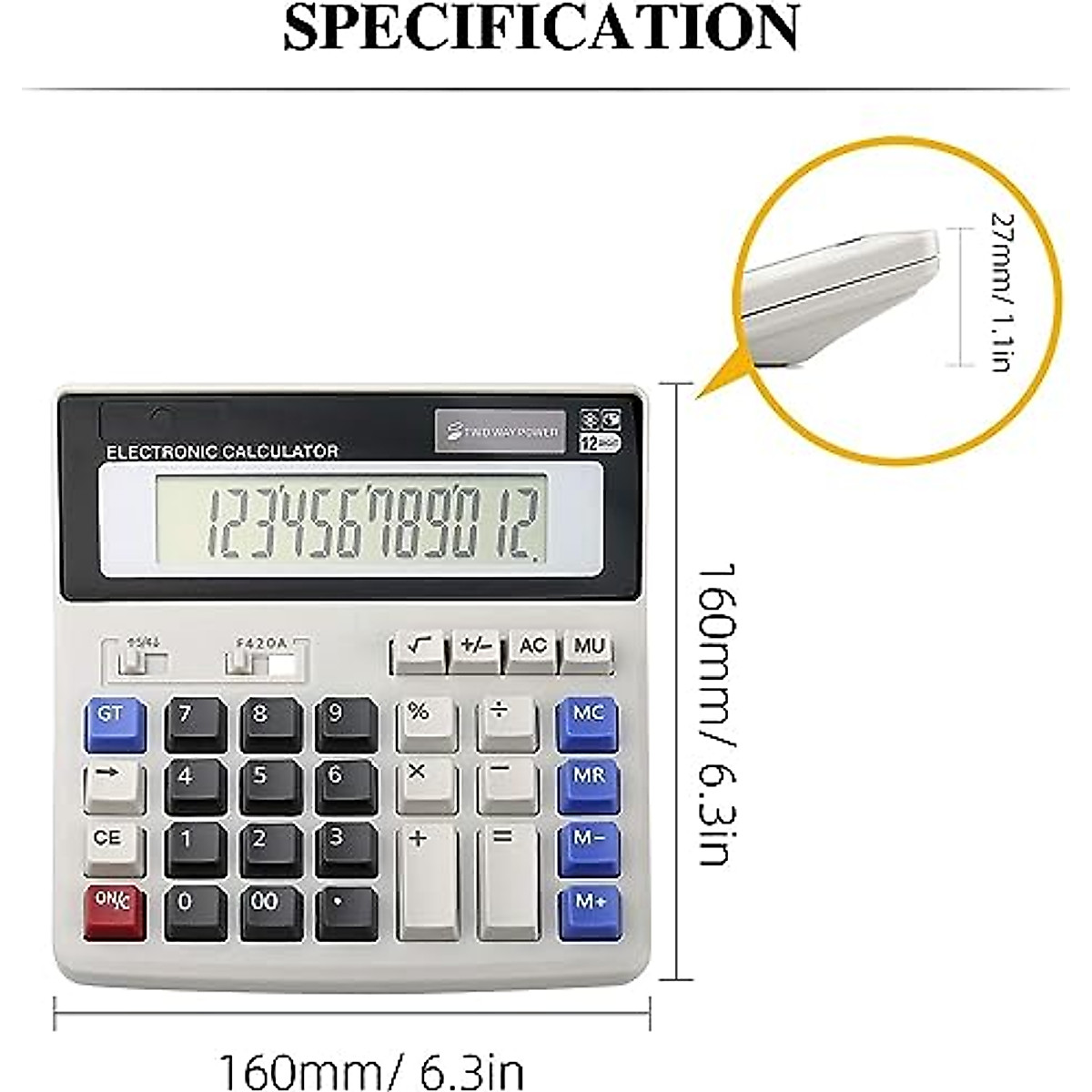Calculator, Calculators Large Display and Buttons, Solar Battery Dual Power, Big Button 12 Digit Large LCD Display (White)