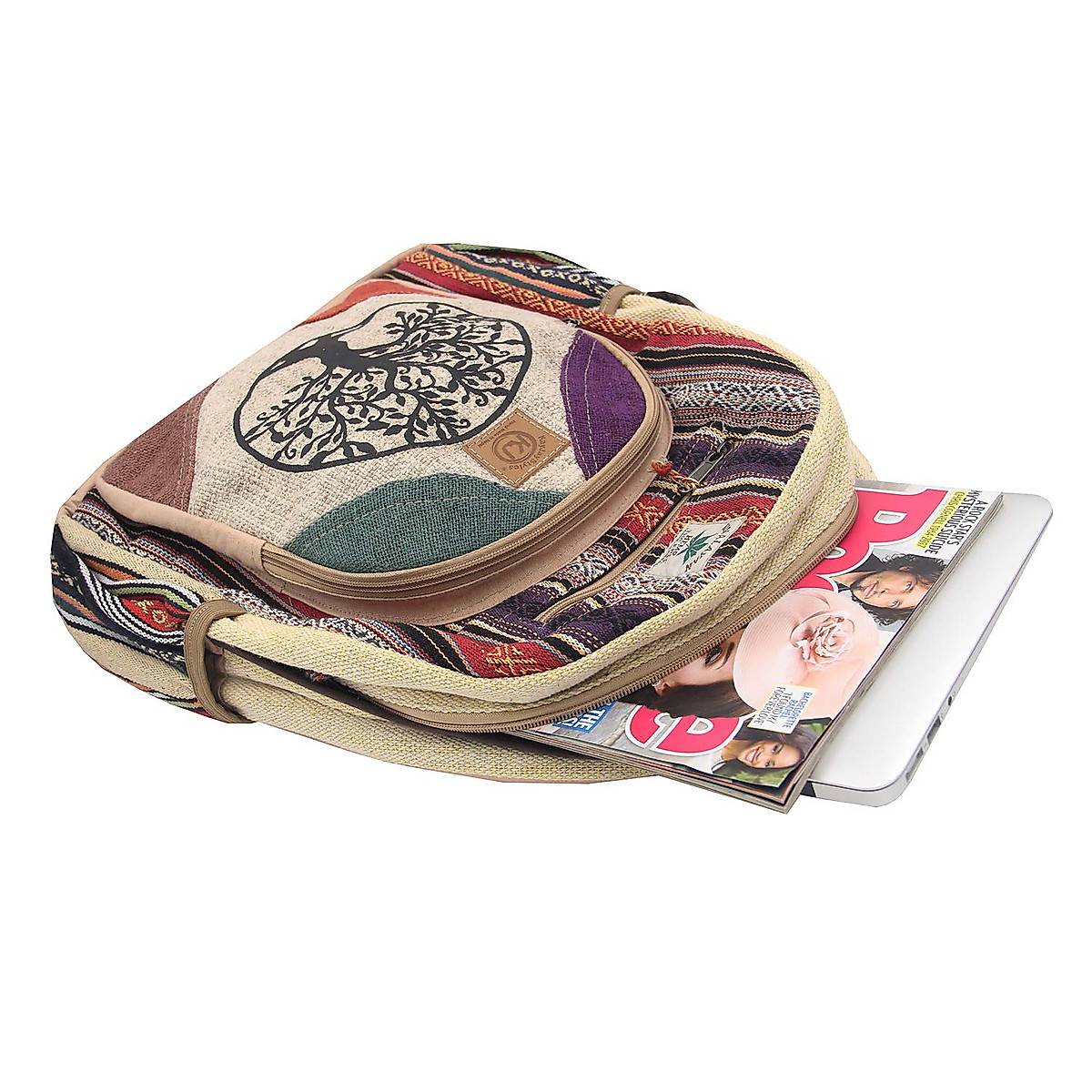 KayJayStyles Bohemian Handmade & Print Large Multi Pocket Hemp Rucksack Backpack (Tree Of Life)