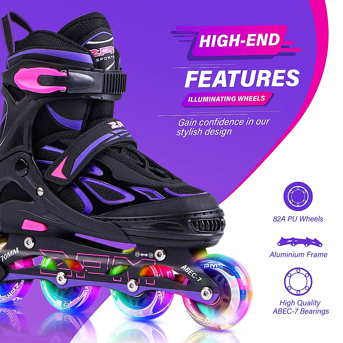 2pm Sports Vinal Girls Adjustable Inline Skates with Light up Wheels Beginner Skates Fun Illuminating Roller Skates for Kids Boys and Ladies - Violet Medium(1Y-4Y US)