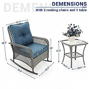 UDPATIO 3 Piece Patio Set Rocking, Rattan Outdoor Rocking Patio Bistro Set with 2 Rockers and 1 Side Table with 4‘’ Thick Cushions for Backyard, Porch, Balcony, Poolside(Blue)