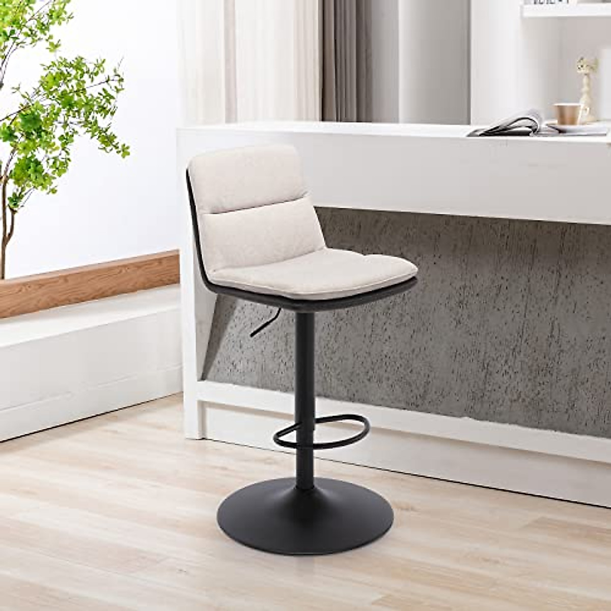 Brage Living Fabric Adjustable Bar Stool, Swivel Counter Height Barstool with Back, Armless Kitchen Bar Chair for Dining Cafe with Large Black Base (Greige)