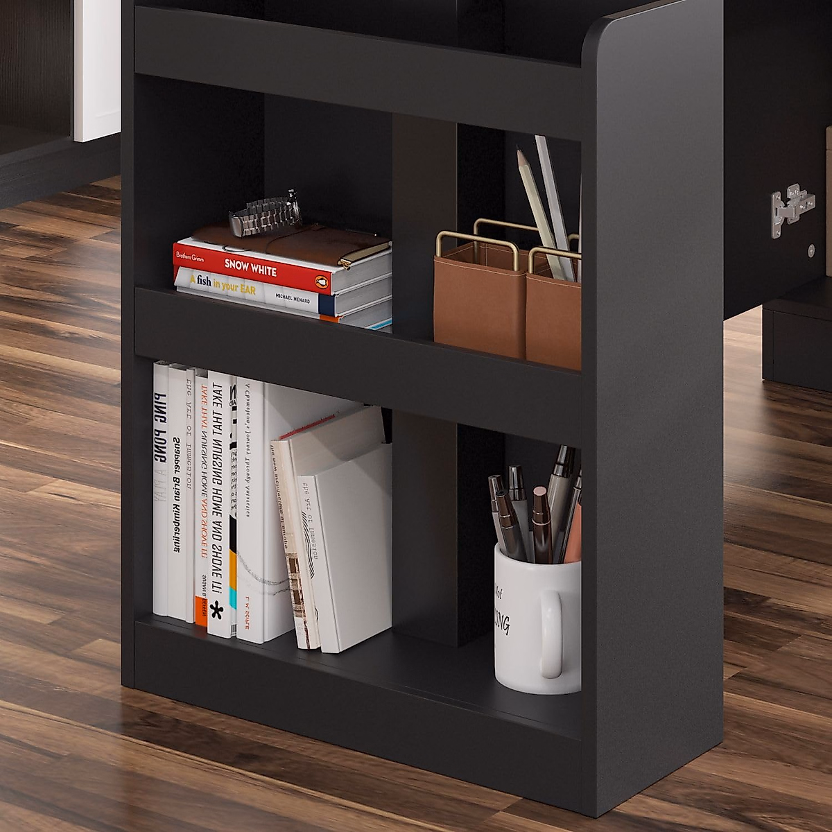 MOUMON Electric Standing Desk with Drawers and Shelves, Executive Desk Adjustable Height Desk, L-Shaped Design, 63 inch Tabletop, for Office Deep Brown and Black (63”W x 63”D x 29.6-45.3”H)