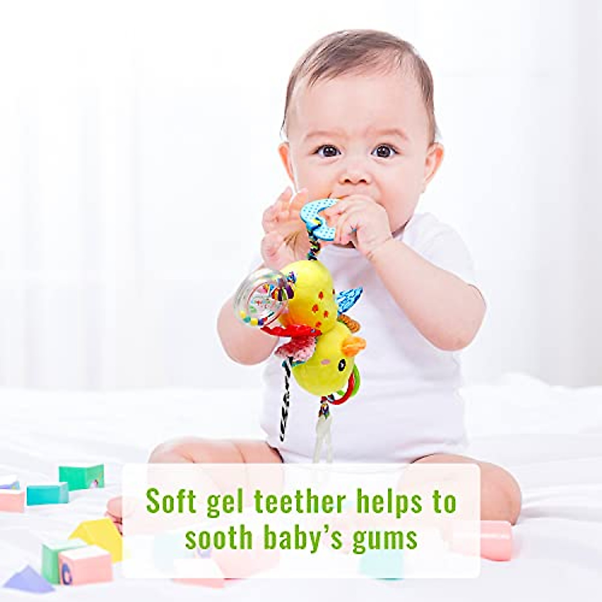 Funsland Baby Stroller Toy and Car Seat Toy for Infant with Teether Hanging Rattle Toys Clip on Stroller Toy Soft Plush Baby Toys for Boys and Girls 3-12 Months