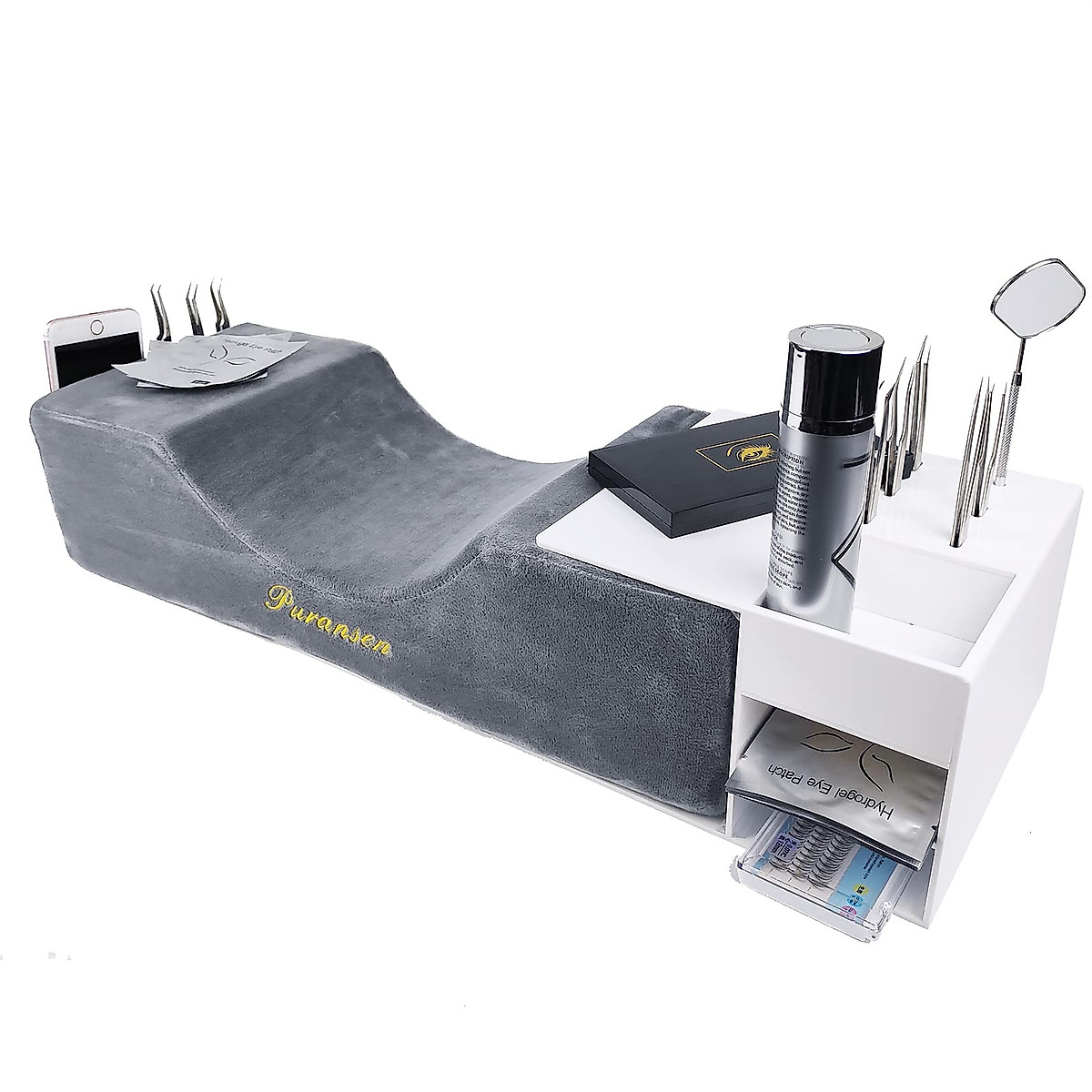 Eyelash Extension Neck Pillow With Acrylic Shelf Organizer Stand,Cervical Pillows Support for Protecting The Neck,Velvet Lashing Pillow Makeup Tool Display Cabinet Shelves (White & GY)