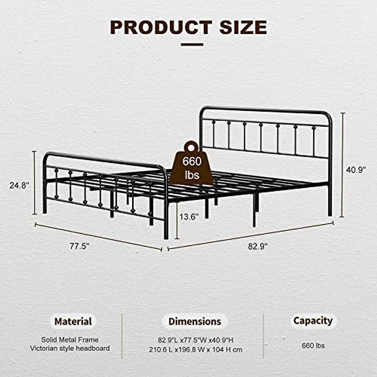 IKIFLY King Size Metal Platform Bed Frame with Headboard & Footboard - Strong Steel Slat Support - Mattress Foundation - Victorian Vintage Style - No Box Spring Needed - Black/King