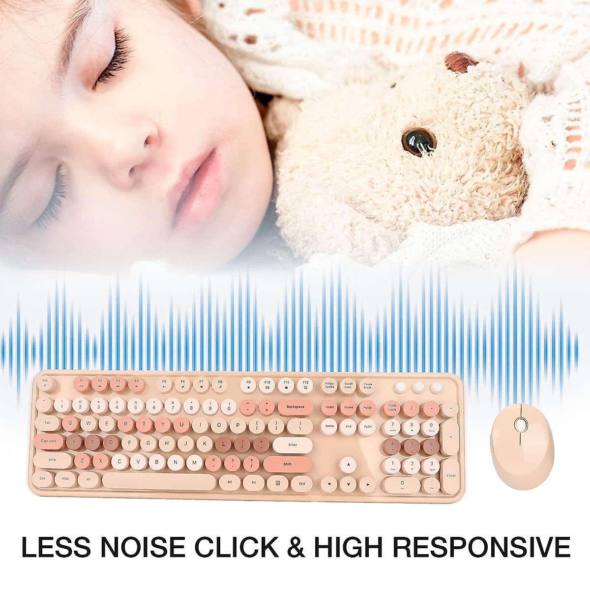 Wireless Keyboard and Mouse Combo,104 Keys Ergonomic Cute Desktop Game Keyboard and Mouse Sets for Girls for Home Office Work Gaming,Valentine's Birthday Gift (Milk Tea)