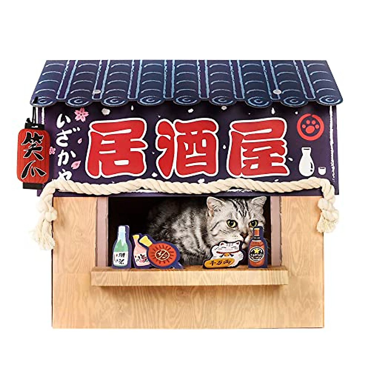 SMILE PAWS Cardboard Cat House with Scratcher, Cat Condo, Bed, Toys, Cat Izakaya Bar Scratcher house for Outdoor/Indoor Cats, Cat Play House & Home Décor, Easy to Assemble for Cats Bunny Small Animals