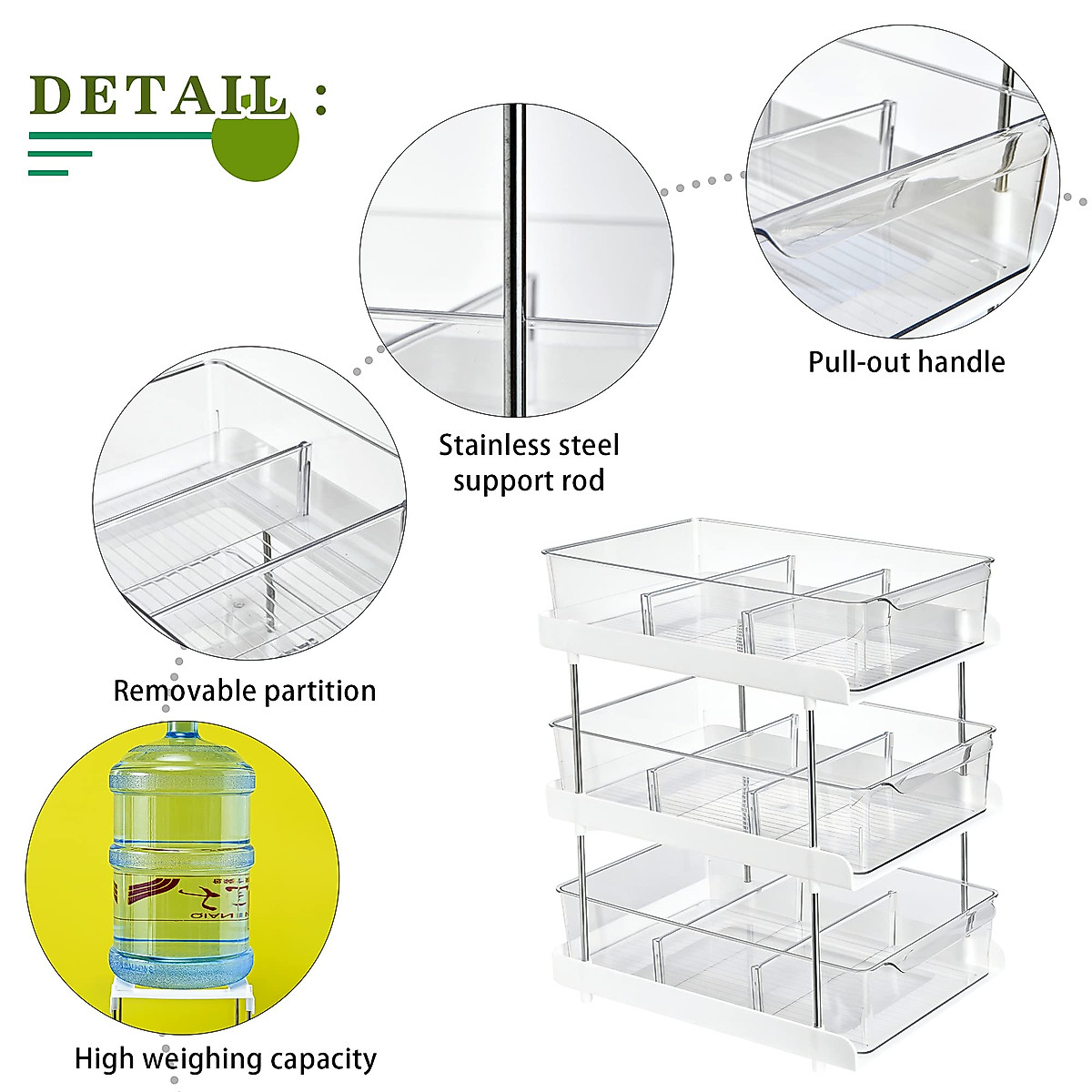 MANO 3 Tier Slide Out Under Sink Organizer with Pull Out Drawers Divided Under Cabinet Storage Shelf for Kithen Bathroom Countertop Organization