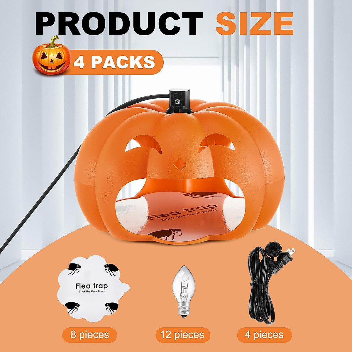 Qualirey 4 Pieces Flea Traps with 8 Sticky Disc 12 Bulbs 4 Electric Wires Pumpkin Flea Traps for Inside Your Home Safe Flea Light Trap for Indoor Safe to Pets