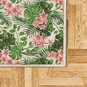 Lunarable Floral Decorative Area Rug, Exotic Pattern Tropical Palm Leaves Flowers Hawaii Inspired Jungle Illustration, Quality Carpet for Bedroom Dorm Living Room, 4' X 5' 5", Pine Cream Pink