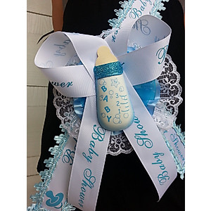 Welcome Baby Shower Mom To Be It's a Boy Sash Blue Bottle Ribbon and Corsage