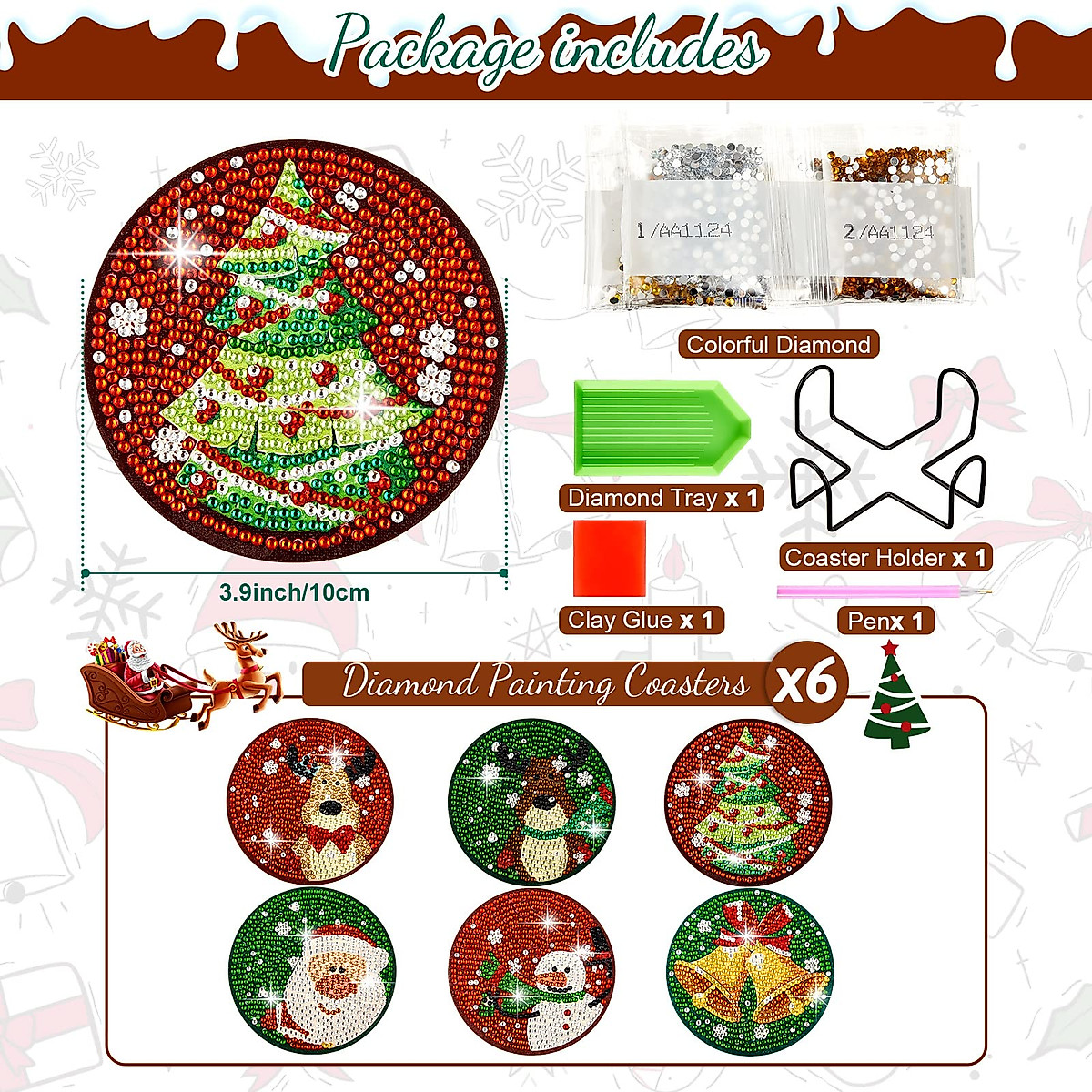 Kajaia 6 Pcs Christmas Diamond Painting Coasters, Christmas Round Diamond Painting Coasters with Holder Xmas Christmas Diamond Art Kits for Beginner Adults Kids Christmas Table Decor Supplies
