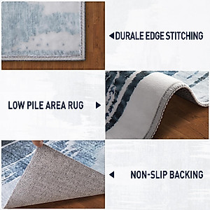 Area Rugs 9x12 Living Room: Large Abstract Living Room Rug with Non Slip Back Bedroom Rug Soft Indoor Floor Thin Carpet for Under Dining Table Stain Resistant Modern Rug for Nursery Home Office Blue