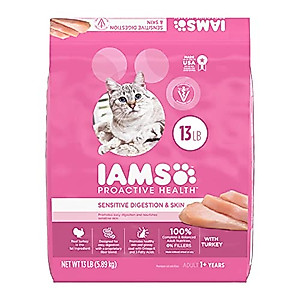 IAMS PROACTIVE HEALTH Adult Sensitive Digestion & Skin, Dry Cat Food with Turkey Cat Kibble, 13 lb. Bag