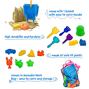 Beach Sand Toys for Kids, 27 pcs Beach Toys Castle Molds Sand Molds, Beach Bucket, Beach Shovel Tool Kit, Sandbox Toys for Toddlers, Beach Accessories Outdoor Indoor Play Gift 1 Bonus Mesh Bag