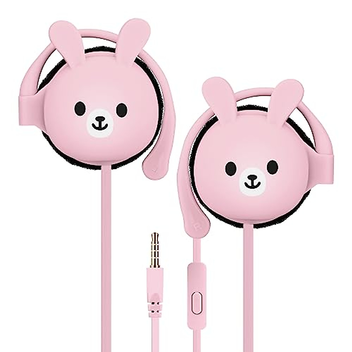 QearFun Bunny Earbuds for Kids with Ear Hooks, Kawakii Wired Over Ear Headphones Earphones Gifts for School Girls and Boys with Microphone & Ear Loops Pink