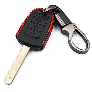 MJKEYAuto Black Leather 4 Buttons Remote Smart Key Fob Cover Case Chain for Honda Accord Sport Civic Crosstour CR-V HR-V 2019 2018 2017 2016 2015 2014 2013