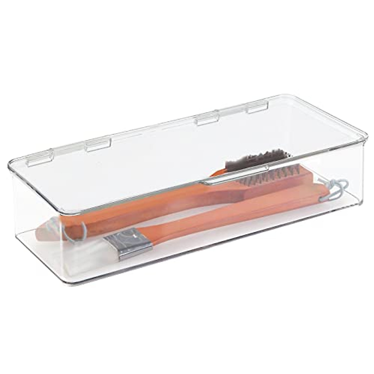 mDesign Long Plastic Kitchen Pantry/Fridge Storage Organizer Box Containers with Hinge Lid for Shelves or Cabinets, Holds Food, Snacks, Seasoning, Condiments, Flatware, Utensils - 4 Pack - Clear