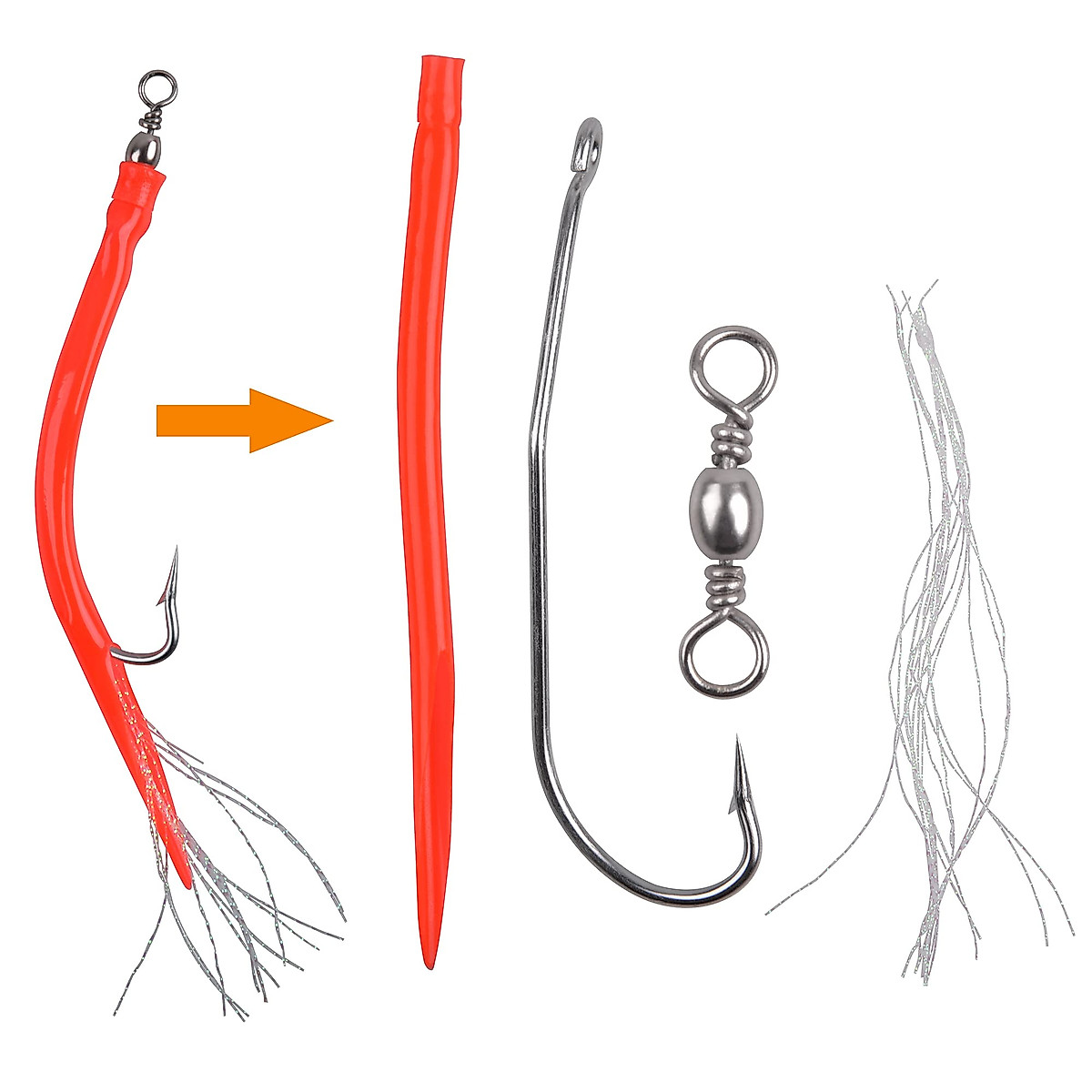 8 Packs Rubber Bass Tube Lures Cod Rig Teaser with Stainless Steel Hook Barrel Swivels Class Striped Bass Tube Lure Trolling Bass Cod Fishing EEL Hook Mix 7/0