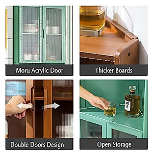 IOTXY 4-Tier Corner Shelf Cabinet - Bamboo Storage Organizer Rack with Moru Acrylic Doors, Standing Bookshelf Display Stand, for Living Room, Kitchen, Home Office, Green