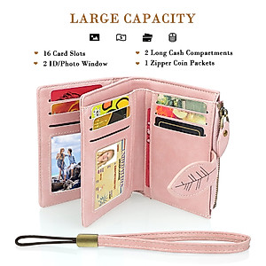 CONISY Small Wallet for Women, Compact Bifold Leather Wallet with Wristlet RFID Blocking Womens Wallet (Pink)