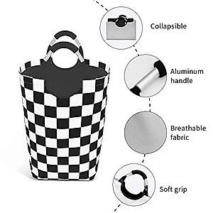 feilicase Collapsible Black White Checkered Checker Storage Bin Hamper Laundry Basket, Foldable Dirty Clothes Bag with Handles Home Bedroom Office Toys Books Organizer