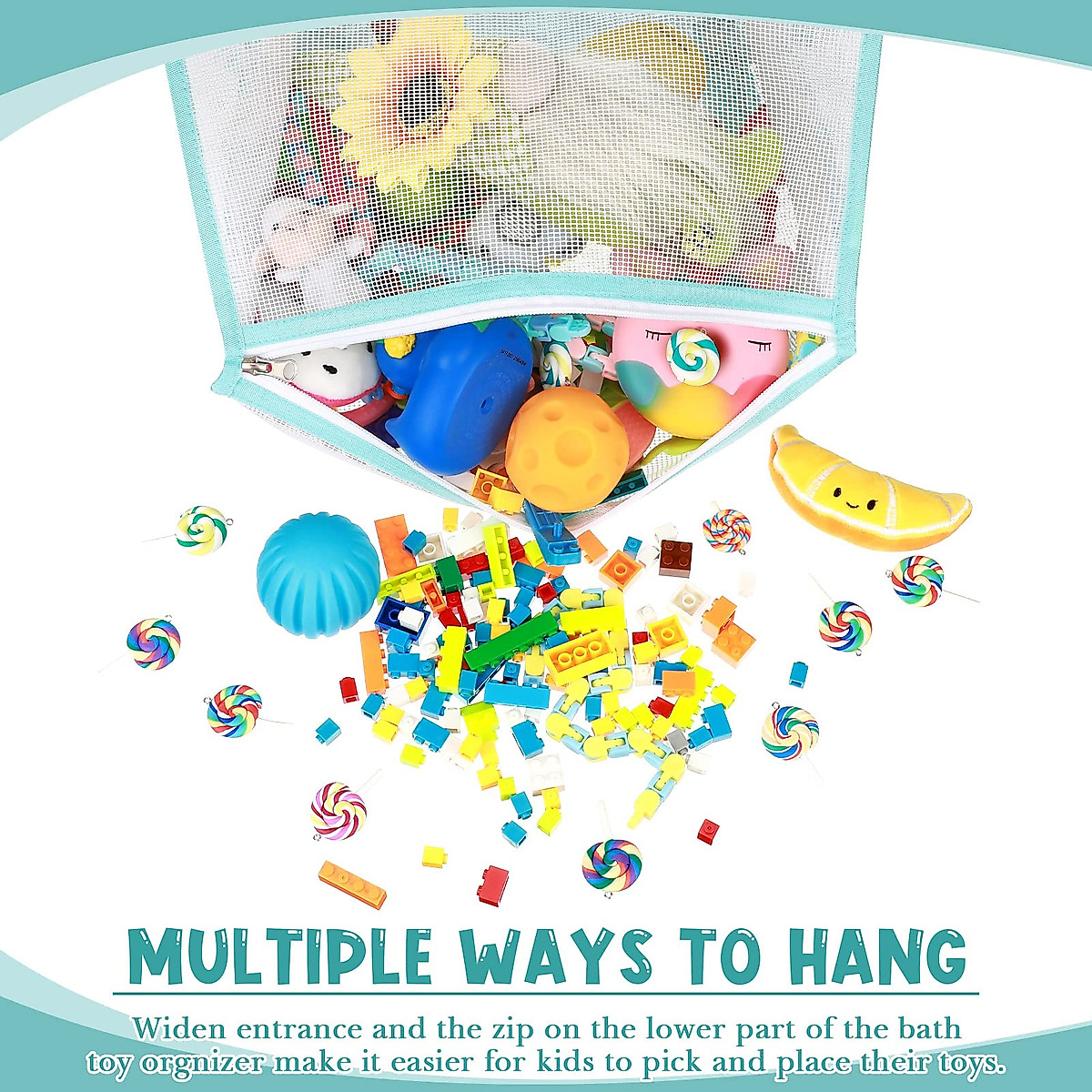 2 Pieces Baby Bathtub Toy Organizer Extra Large Opening Bath Toys Mesh Multiple Ways to Hang Bath Toy Holder Bottom Zipper Storage Bag with 4 Adhesive Hooks (Blue)