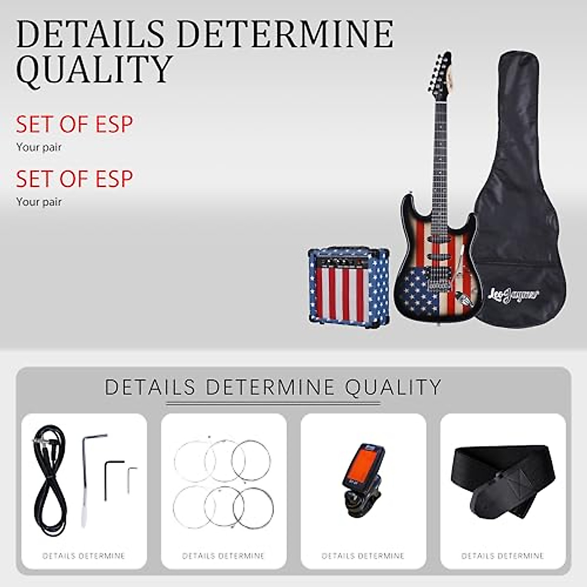 Leo Jaymz 39 Inch Full Size Electric Guitar Kit Electric Guitar Beginner Kits - 20W Amplifier，Digital Tuner，Carring Bag，Shoulder Strap,Connecting Cable (US Flag 20W)