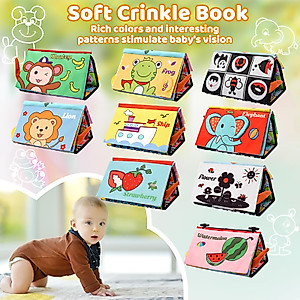 Oukzon Tummy Time Toys, Baby Toys 0-6 Months with Crinkle Book and Teethers, 6-12 Months Infant Mirror Toys High Contrast Baby Gift Toys for Newborn Brain Development, Montessori Sensory Toy