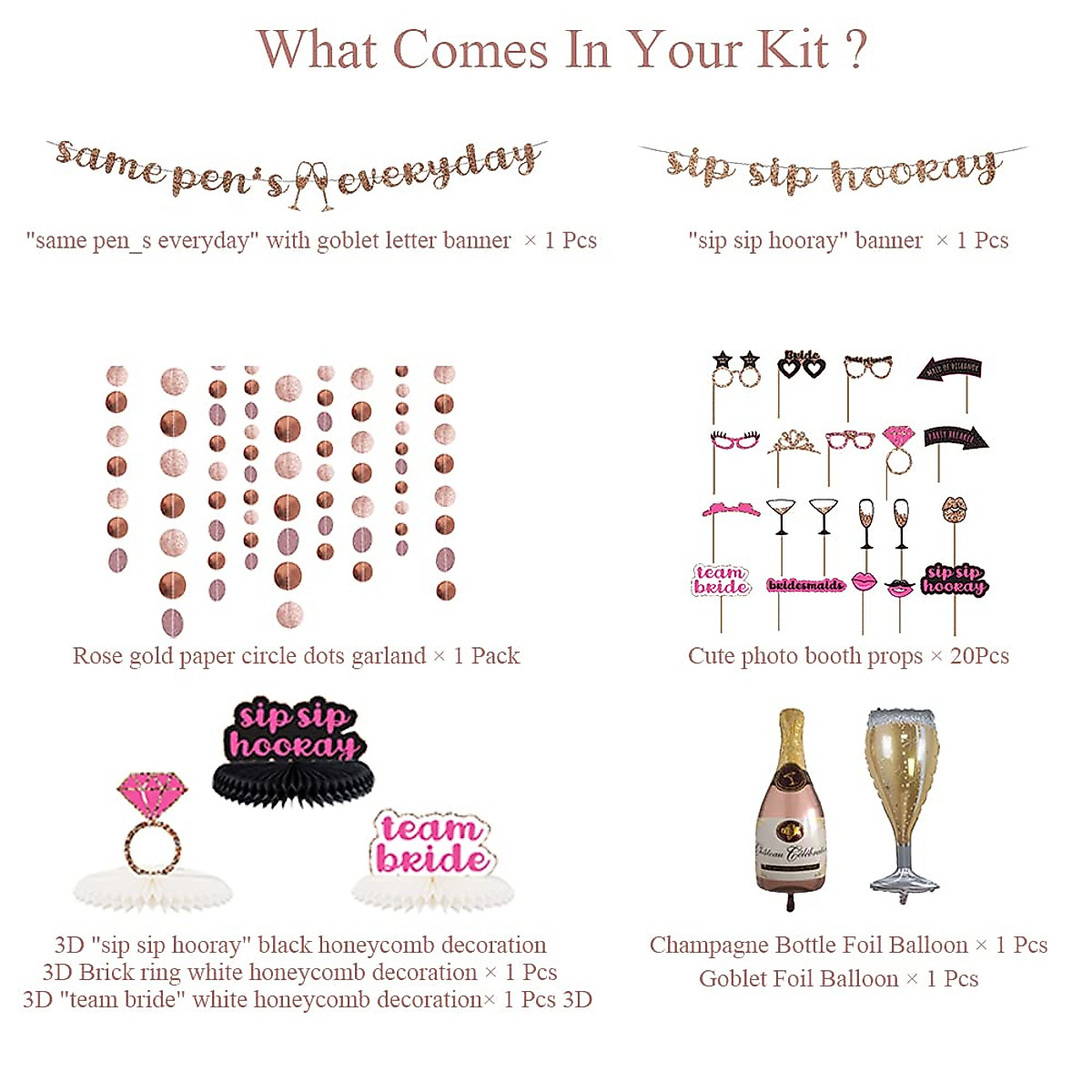 CrzPai Bachelorette Party Decorations, Rose Gold Bridal Shower Party Supplies Sip Sip Hooray Banner, Hanging Decors, Photo Booth Props, Honeycomb Centerpieces, Balloons for Wedding Engagement Party