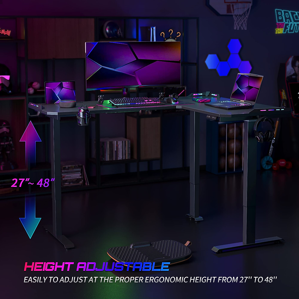 FEZIBO 63 Inch L Shaped Gaming Standing Desk, Electric Height Adjustable Gaming Desk with Triple Motors, Corner Stand up Desk with Cup Holder, Black Frame/Carbon Fiber Top