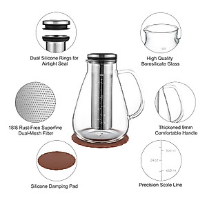 YMMIND Cold Brew Iced Coffee Maker 51oz, Brewed Coffee Pot with Removable Double Mesh 304 Stainless Steel Filter, BPA-Free Cold Brew Pitcher Glass Container, Tea Maker