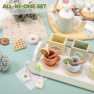 Wooden Tea Party Set for Little Girls, Play Tea Set for Kids Toddlers, Pretend Play Kitchen Toy Gift for 1 2 3 4 5 Years Old