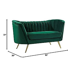 Meridian Furniture Margo Collection Modern | Contemporary Velvet Upholstered Loveseat with Deep Channel Tufting and Rich Gold Stainless Steel Legs, Green, 65" W x 30" D x 33" H