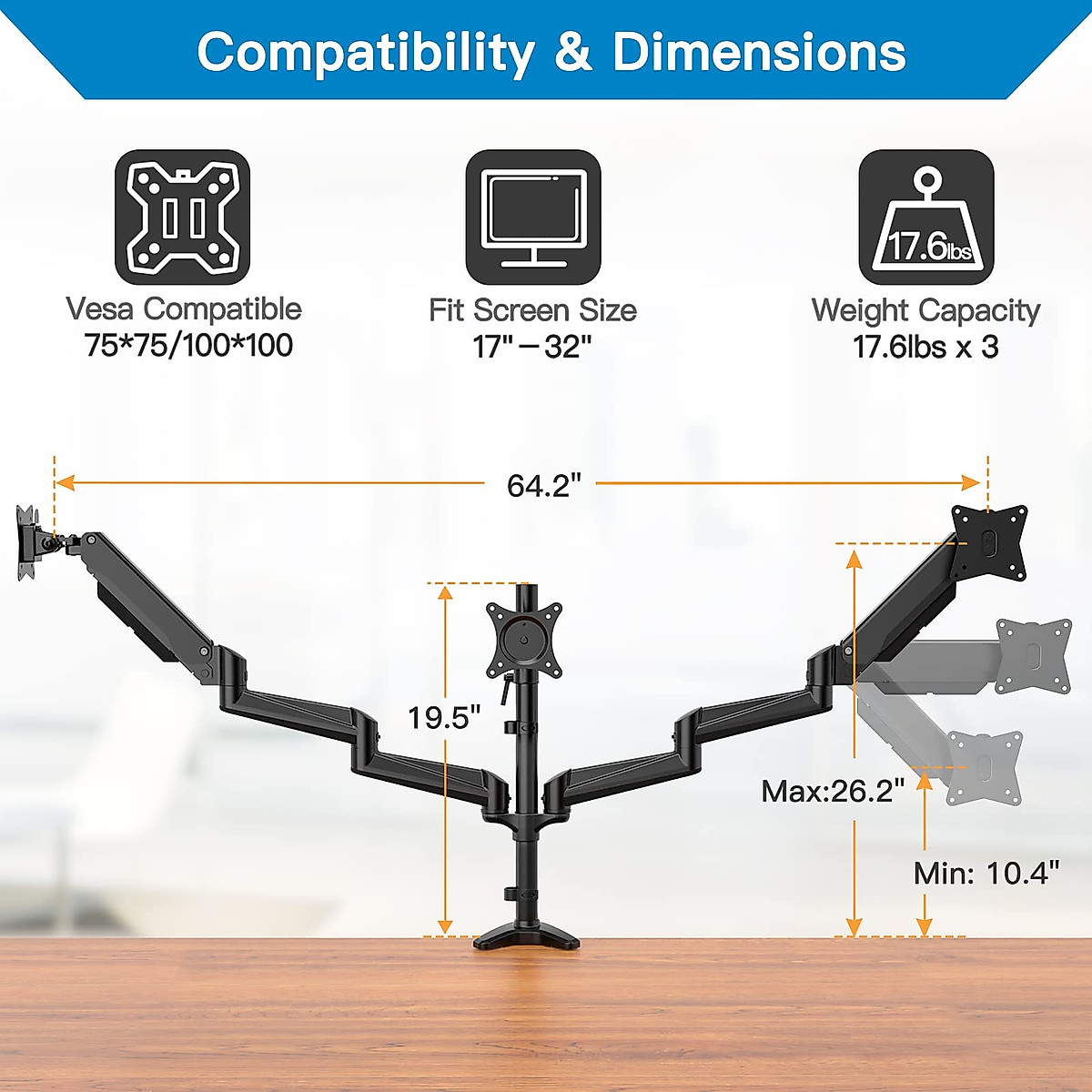 HUANUO 13-32 Inch Monitor Mount 2 Monitors & Triple Monitor Mount